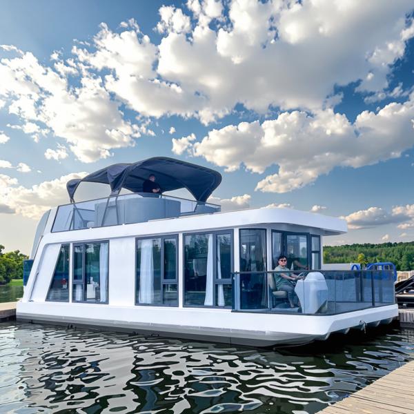 Quality Two Story 4.0m Width House Boat Luxury Floating Pontoon Houseboat For 16 Person for sale