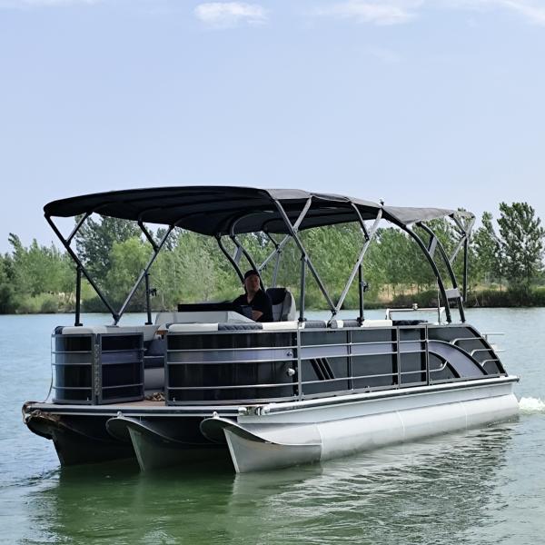 Quality 25ft Modern Black & Silver Pontoon Boat - Sleek Design For Premium Leisure & for sale
