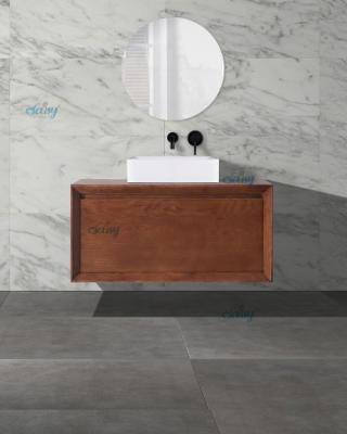 China Fashionable Brown Bathroom Timber Top Bathroom Vanity With Round Mirror for sale