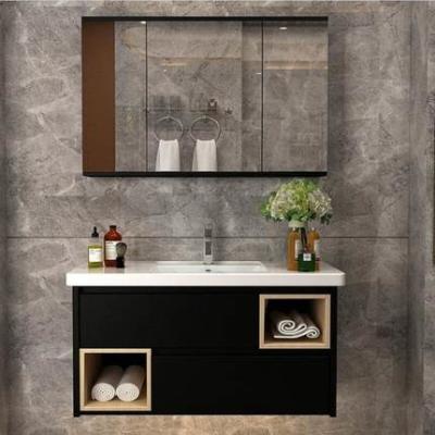 China Modern Style Black Single Bathroom Vanity With Hidden Mirror Cabinet for sale