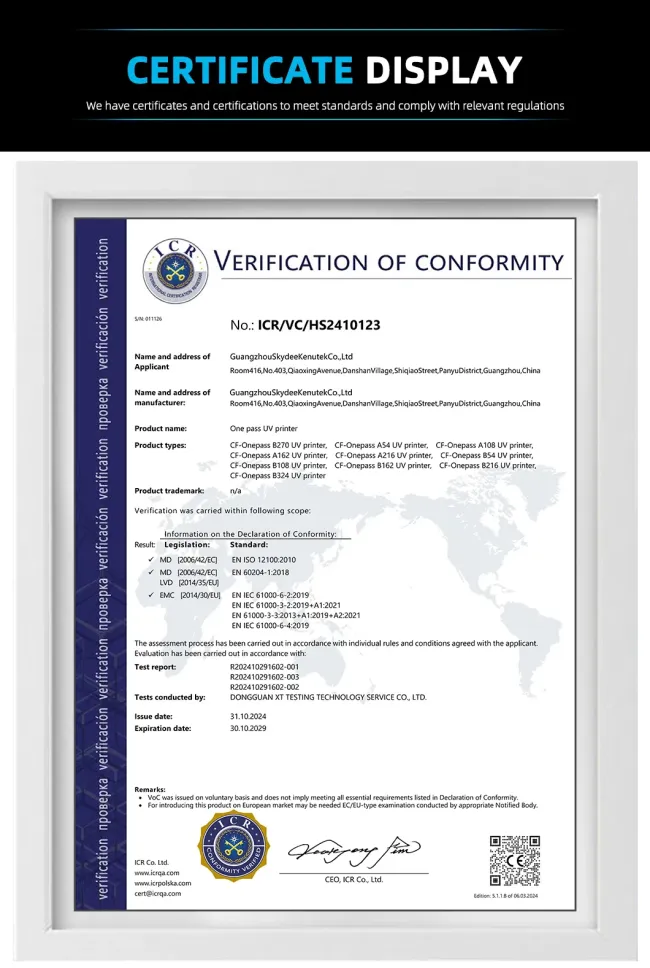UV Printer Quality Certifications including CE and RoHS
