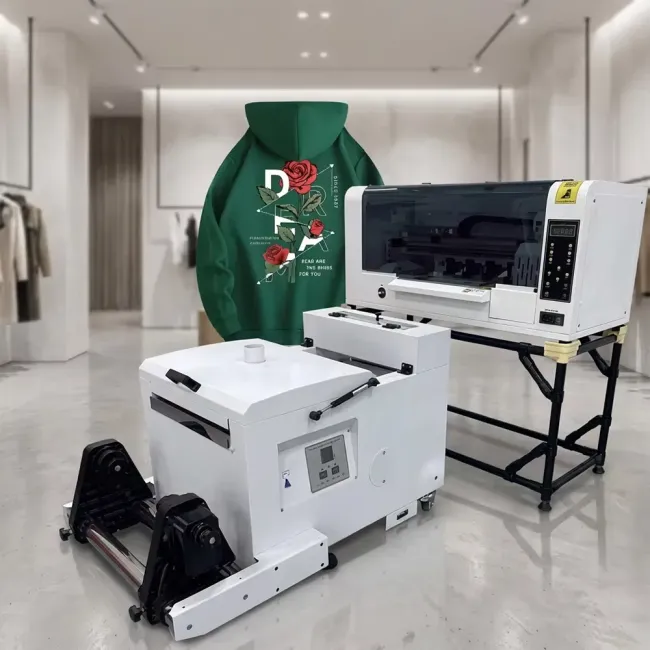 DTF Printer in operation with sample output