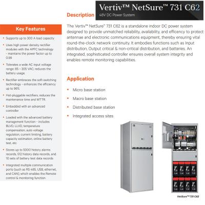 中国 Vertiv 48V 300A テレコム パワー エマーソン スタンドアロン キャビネット 室内 DC パワー システム Netsure 731 C62 矯正器 R48-3000e3 販売のため