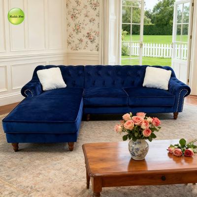 China Navy Chesterfield L Shaped Sectional Sofa Couch 35D Sponge Water Repellent for sale