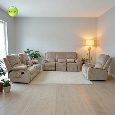 China Beige Reclining Sofa Set with Multi-position Adjustable Backrest, Ergonomic Design, and Built-in Storage Pockets for Home Theater for sale