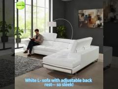 8095White Leather L-Shaped Sofa & Adjustable Backrest: Sleek, Comfy – Ideal for Solo Relaxation