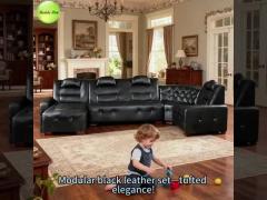 717  Modular Black Leather Set: Tufted Elegance, Recliner Utility – Transform Home into a Sophistica
