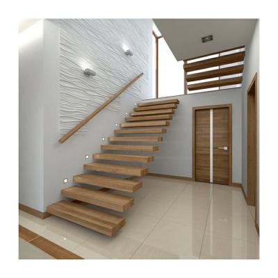中国 Timber tread floating stairs perforated wood stair treads floating staircase with railings 販売のため