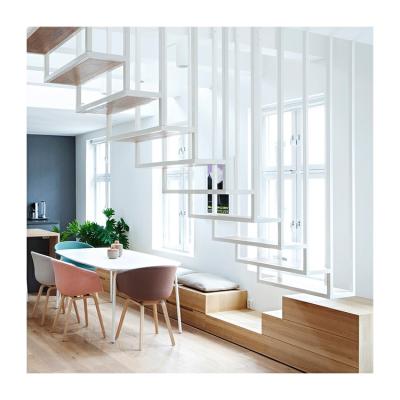 China Floating timber staircase design teak wooden treads stair floating staircase construction Te koop