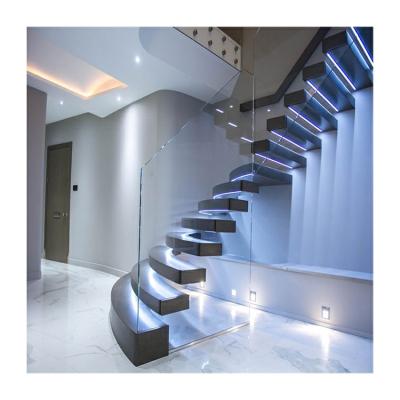 Cina Floating thick solid wood tread design indoor wooden staircase led floating stairs in vendita