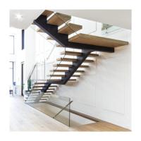 China Apartment wood stairs for interior single stringer solid wood step straight stairway for sale
