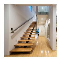 China Apartment wood stairs for interior single stringer solid wood step straight stairway for sale