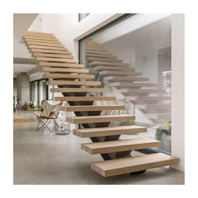 Cina Factory make wood stairs one beam wood tread straight floating stair in vendita