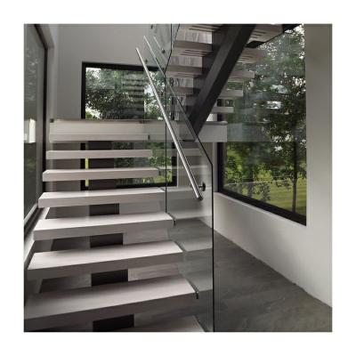 Cina Foshan factory timber stair with glass railing single stringer modern decorative straight wood stairway in vendita