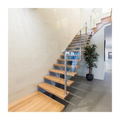 Cina Foshan factory timber stair with glass railing single stringer modern decorative straight wood stairway in vendita