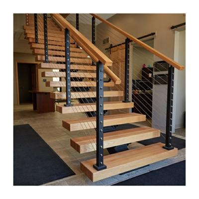 中国 Factory wood handrail stairs single beam straight floating glass wood stairway 販売のため