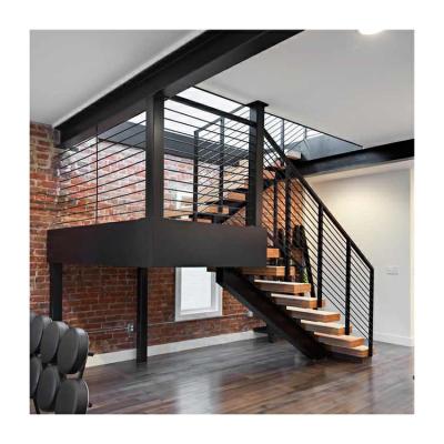 中国 Household individual  thick solid wooden tread stairs one beam straight steel wood stairway 販売のため