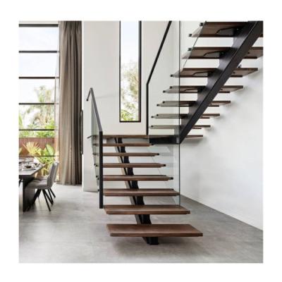 中国 Factory wooden treads iron metal stair central stringer solid wood tread straight stairway 販売のため