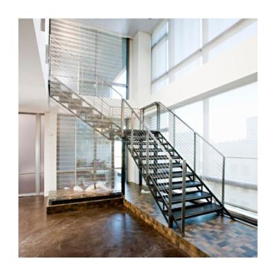Cina New design straight staircase indoor steel railing wood stairs in vendita