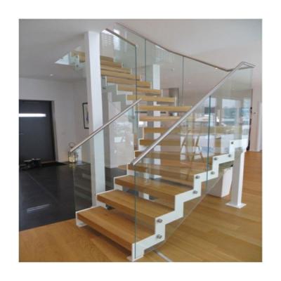 Cina New design straight staircase indoor steel railing wood stairs in vendita