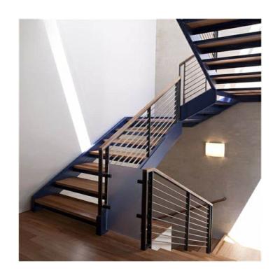 Cina New design straight staircase indoor steel railing wood stairs in vendita