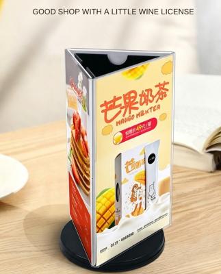 China Custom Processing & Manufacturing of Acrylic Triangular 360-Degree Rotatable Table Stands, Acrylic Desktop Rotating Wine Lists and Catering Signage for sale