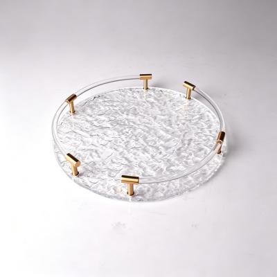 China High Transparent Round Acrylic Tray With Metal Handles, Decorative Serving Tray For Home & Hotel for sale