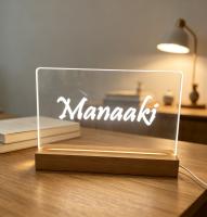China Custom Engraved Acrylic LED Table Sign, Personalized Light Up Plaque with Solid Wood Base for sale