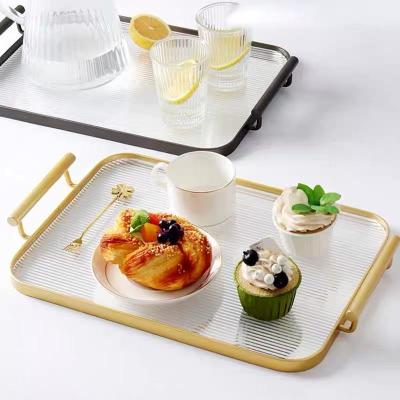 China Gold Metal Frame Fluted Acrylic Serving Tray with Handles, Rectangular Vanity Tray for Perfume Storage & Home Decor, Wholesale for sale