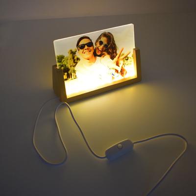 China U Shape LED Wooden Base Sublimation Acrylic Photo Panel Customized Light Up Desktop Memorial Photo Frame for sale