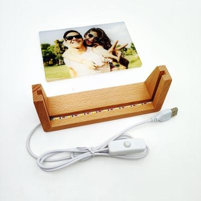 China U Shape LED Wooden Base Sublimation Acrylic Photo Panel Customized Light Up Desktop Memorial Photo Frame for sale