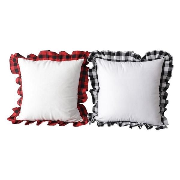 Quality Sublimation Pillow Cover Blanks Heat Transfer Printed Plaid With Ruffled Lace for sale
