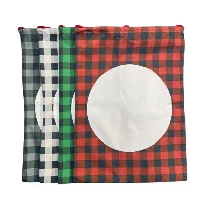 China Sublimation Christmas Blanks Santa Sack Drawstring Buffalo Plaid Linen Sublimation Christmas Sacks Sale for sale