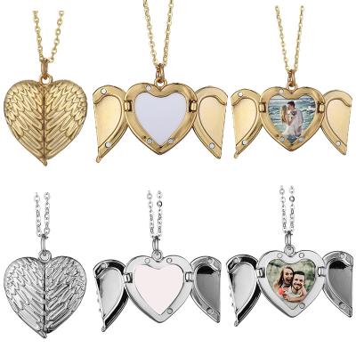 China Custom Sublimation Angel Wings Heart Locket Pendant Necklace Personalized Locket Necklace for sale