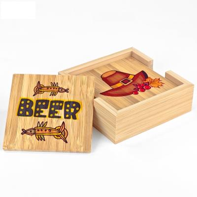 China Square Shape Sublimation Bamboo Wooden Coaster Set With Holder Custom Wooden Tea Cup Mat Pad Bamboo Coaster for sale
