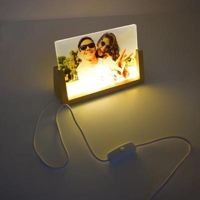 China U Shape LED Wooden Base Sublimation Acrylic Photo Panel Customized Light Up Desktop Memorial Photo Frame for sale