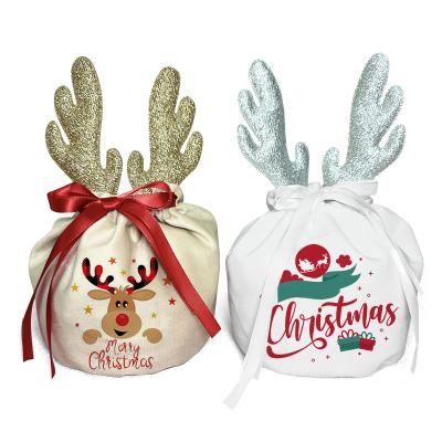 China Customized DIY Drawstring Velet Sublimation Blank Christmas Gift Bags With Deer Ear Reusable Pouch For Candy for sale