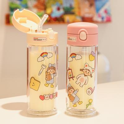 China One Touch Click Open Double Wall Insulation Glass Water Bottles With Straw à venda