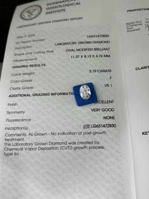 Cina 3.19ct VS1 F Oval Cut Lab Cresciuto in diamante IGI Certificato in vendita