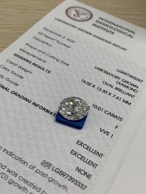 China 10.1ct Lab Growm Diamond Oval Cut CVD F VVS1 2EX N IGI Vervaardigde diamanten Te koop