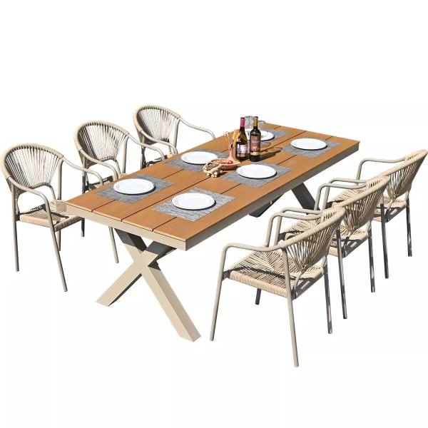 Quality Outdoor Courtyard Villa Chairs and Tables Garden Open-Air Balcony Leisure Rattan Dining Furniture Set with Plastic Wood Table. for sale
