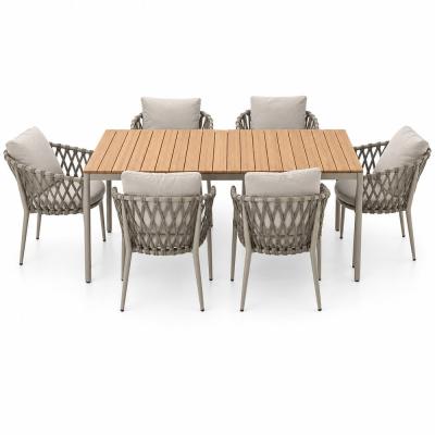China Outdoor Rope Dining Set with Wood-Look Tabletop and Powder-Coated Metal Frame - Customizable for Commercial Use for sale