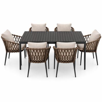China Dark Charcoal Outdoor Dining Set with Brown Woven Rope Chairs and Black Powder-Coated Metal Frame for sale