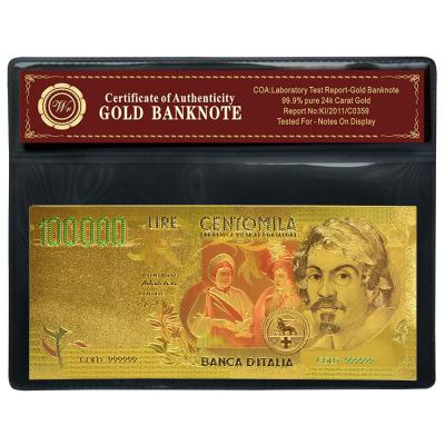 Cina L'Italia una banconota da 100000 Lire placcata nella stagnola di oro 99,9% per la raccolta in vendita