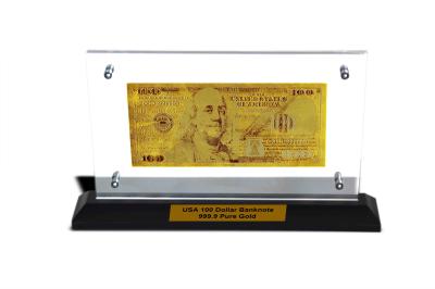 Cina collettività della banconota della banconota in dollari dell'oro di U.S.A. $100 della foglia di oro 24K nuova con la struttura acrilica in vendita
