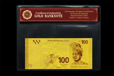 China 99,9% Ringgit gravado de Malásia 100 da folha de ouro 24k cédula pura com BLOCO de C.O.A à venda