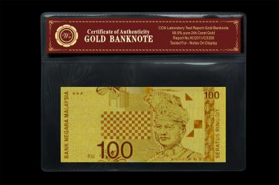 China ringgit novo gravado cédula de Malásia 100 da folha de ouro 24k de 151*70MM com quadro do PVC à venda