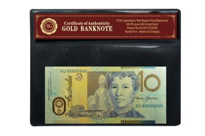 China O australiano coloriu o OURO da coleção 24k da cédula do ouro 99,9 dez dólares para a decoração à venda