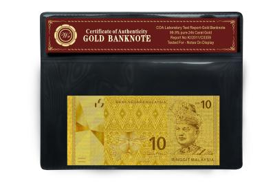 China O Bill o mais novo 24 ringgits chapeados ouro de Malásia 10 da cédula do ouro do quilate vem com quadro do ornamento à venda