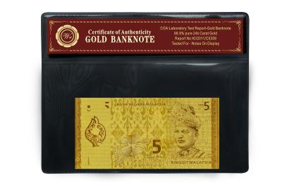 China Ringgit cinzelado de Malásia 5 da folha de ouro do lado 24k cédula dobro com bloco do PVC à venda
